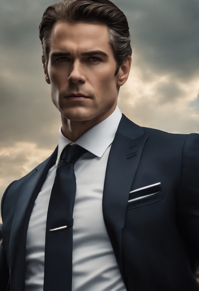 Arafed image of a man in a suit and tie standing in front of a cloudy ...