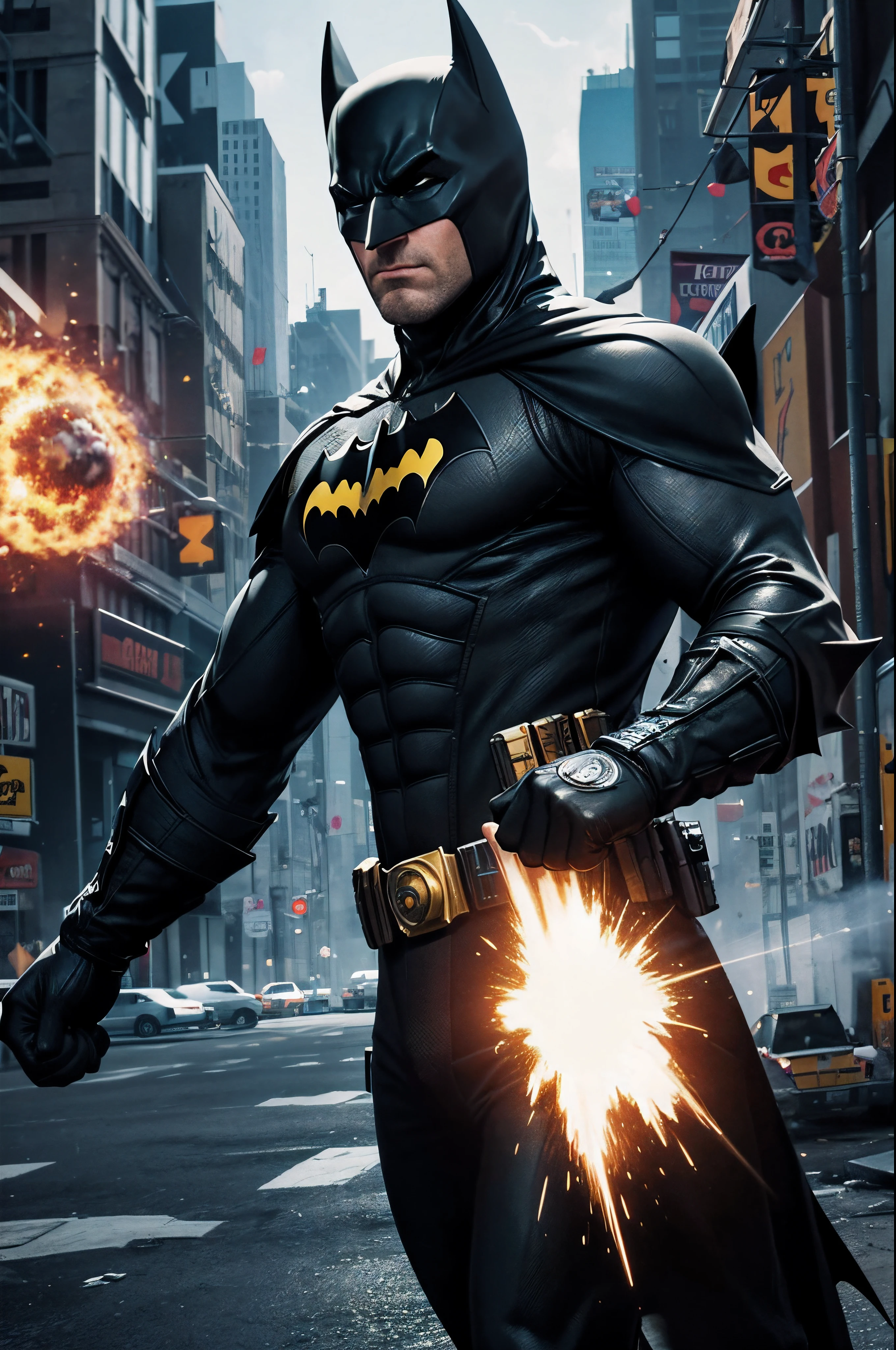 Batman in the city with a firework in his hand - SeaArt AI