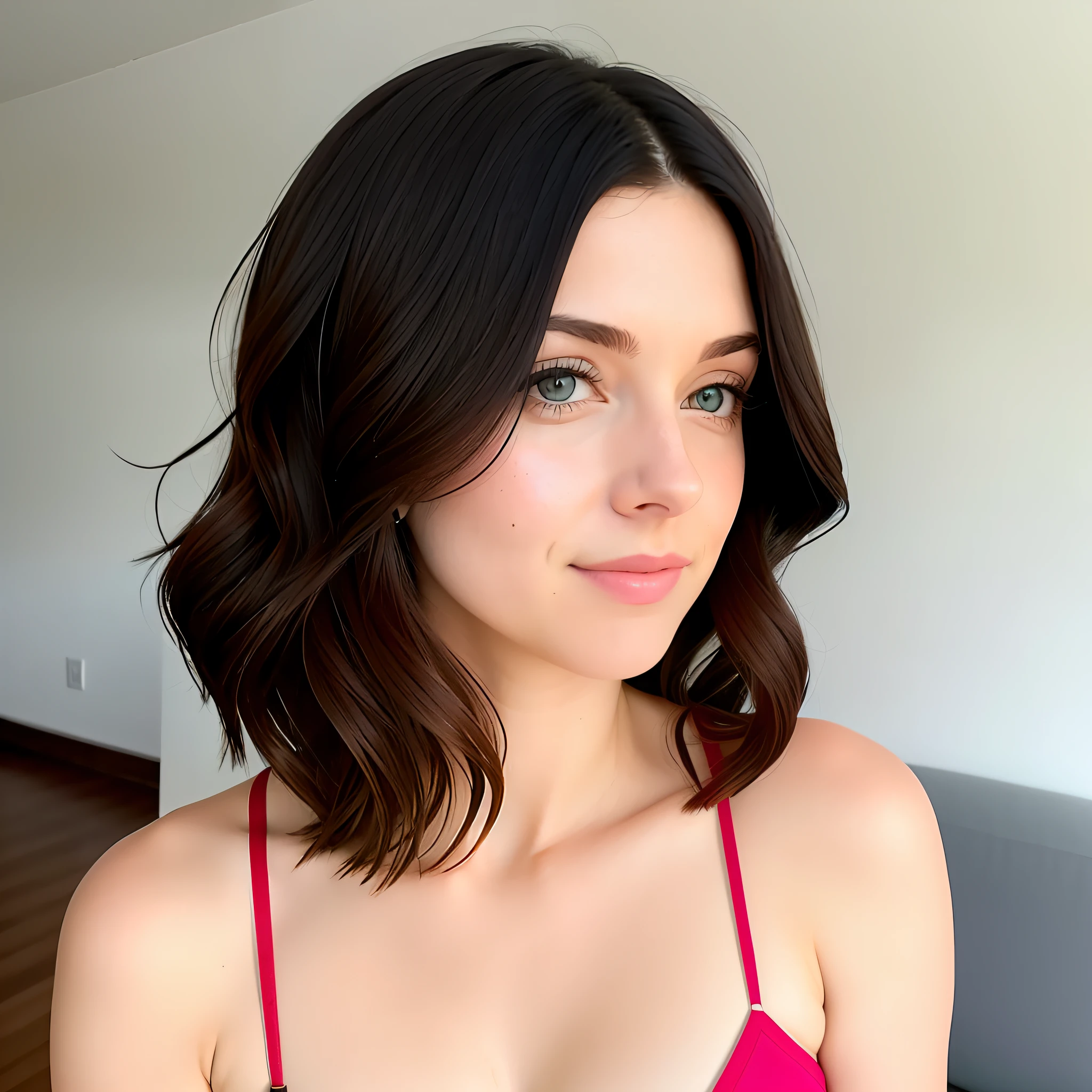 A close up of a woman in a red bra top posing for a picture - SeaArt AI