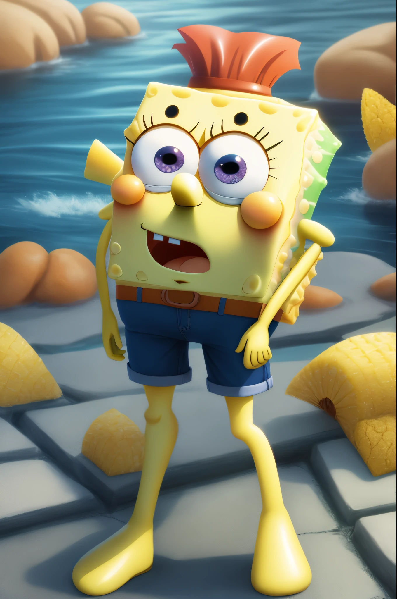 Spongebob is standing on a stone platform with his arms crossed - SeaArt AI