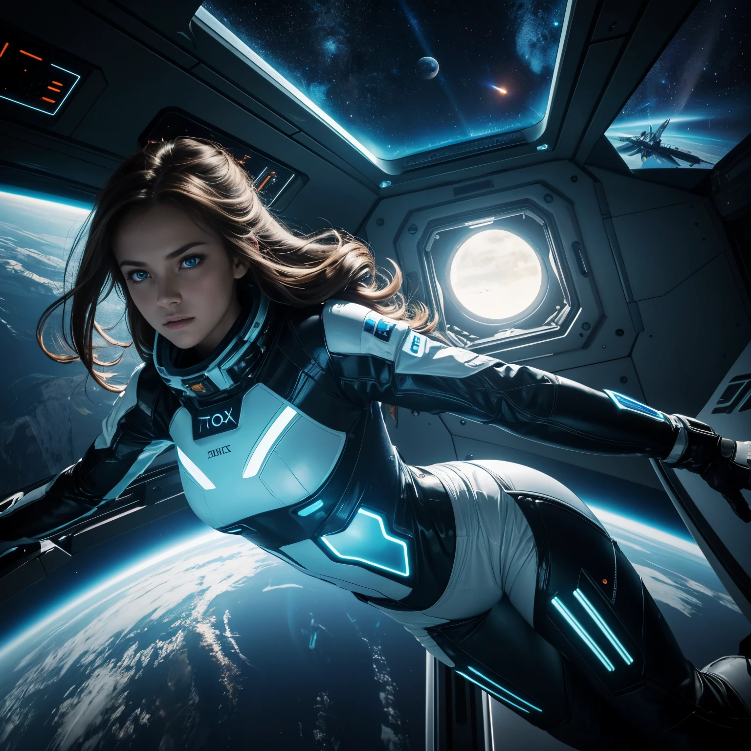 A woman in a space suit floating in the air - SeaArt AI