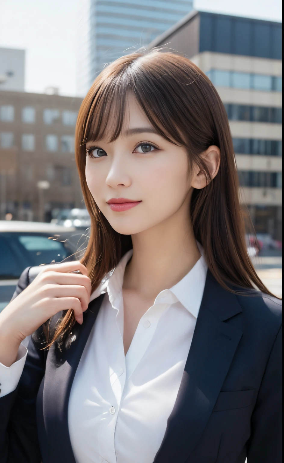 A close up of a woman in a suit and tie posing for a picture - SeaArt AI