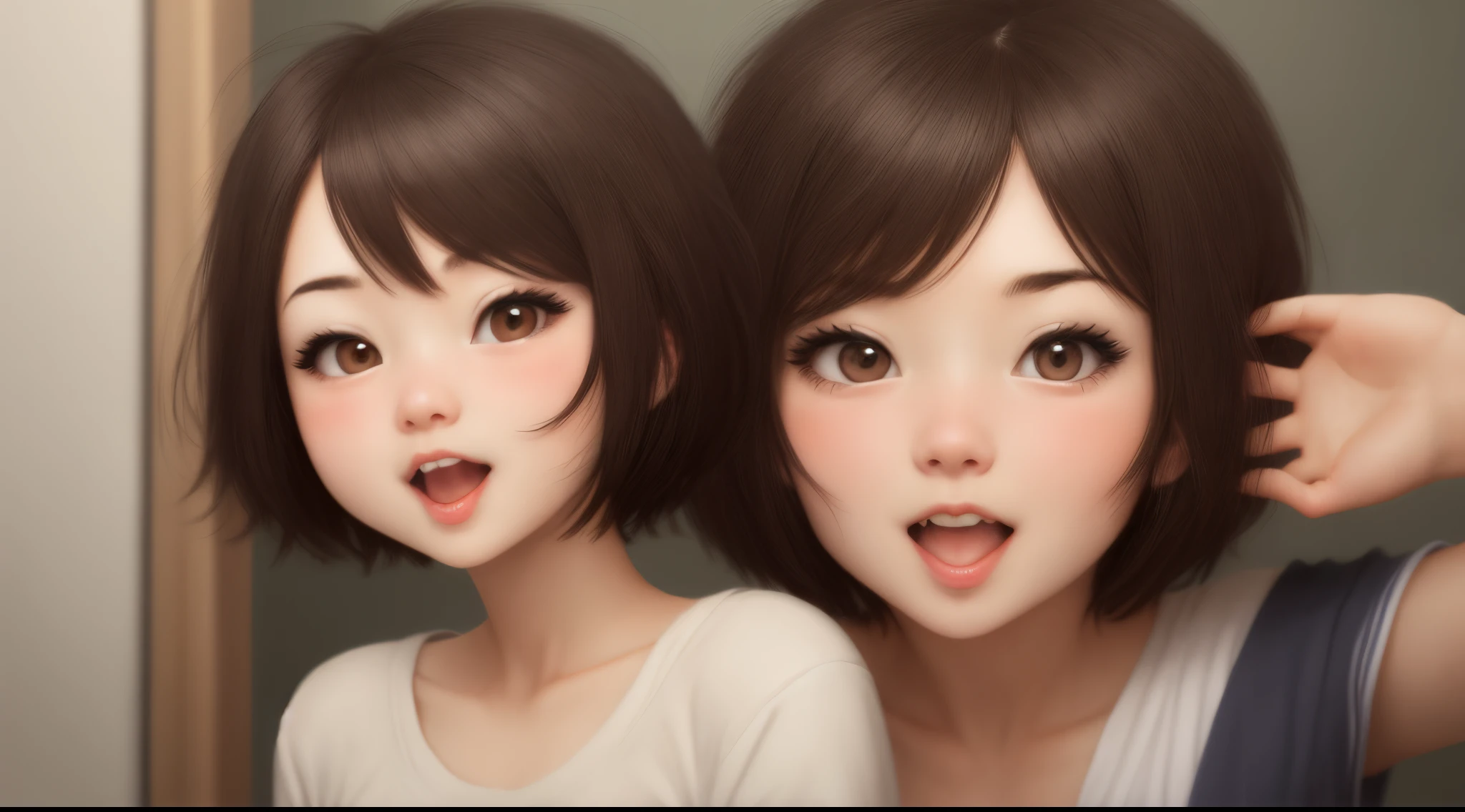 Two asian girls with short hair and big eyes are posing for a picture ...