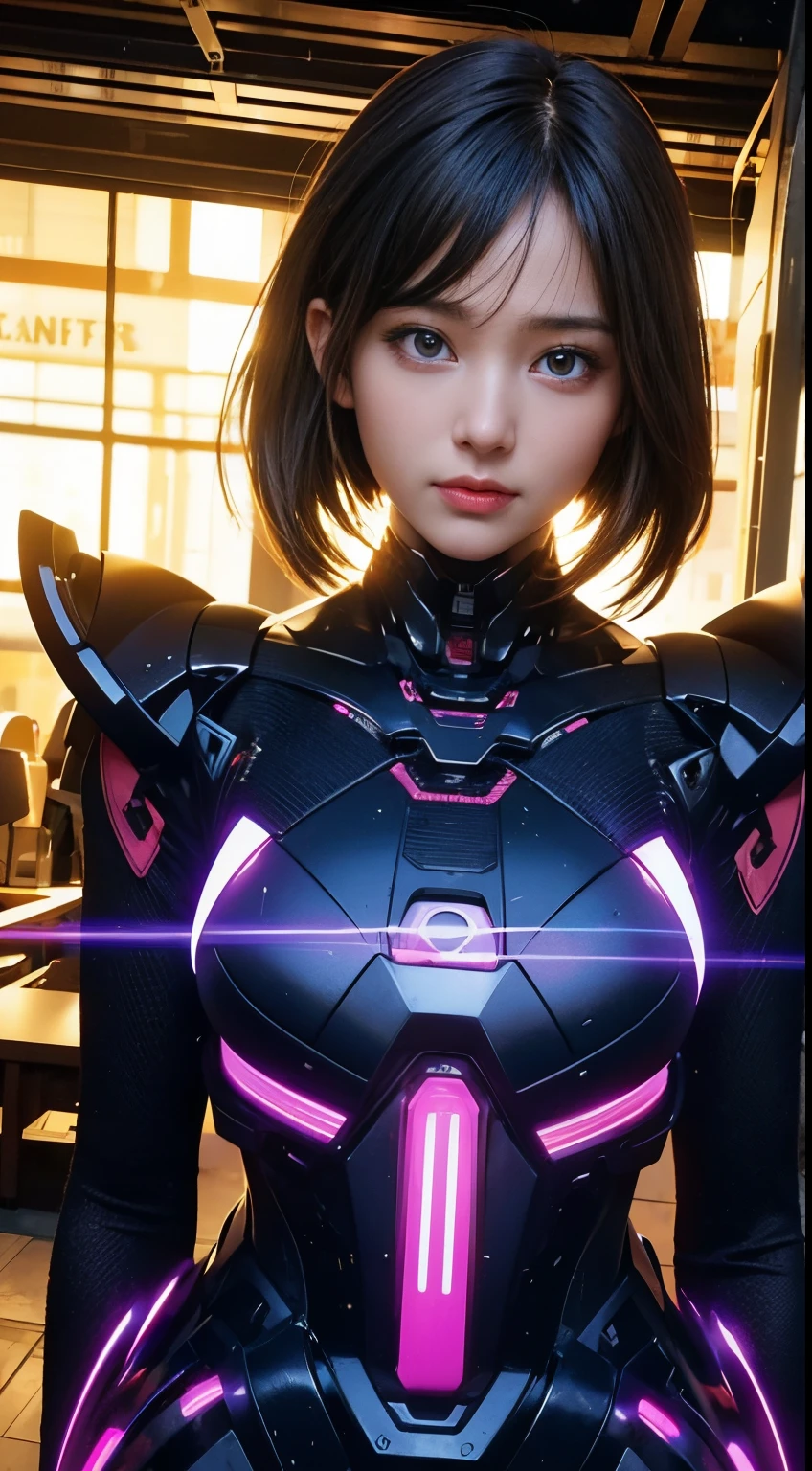A close up of a woman in a futuristic suit with a pink light - SeaArt AI