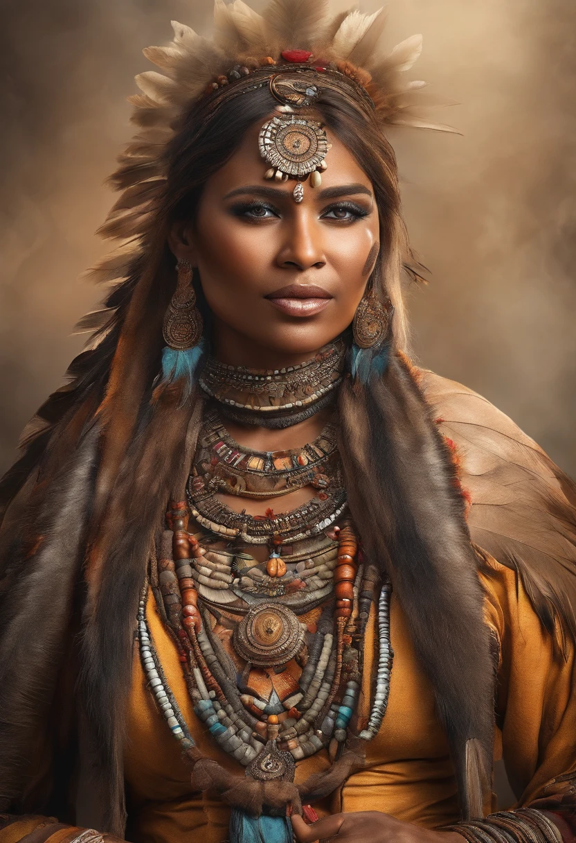 A woman in native clothing with feathers and jewelry - SeaArt AI