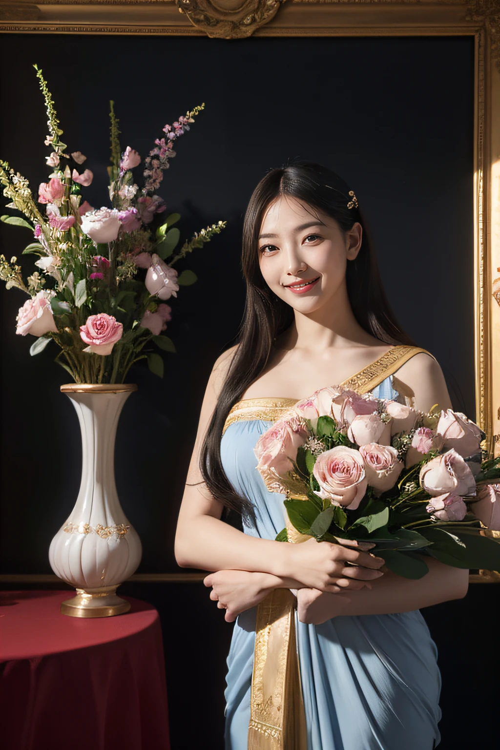 There is a woman holding a bouquet of flowers in front of a picture ...