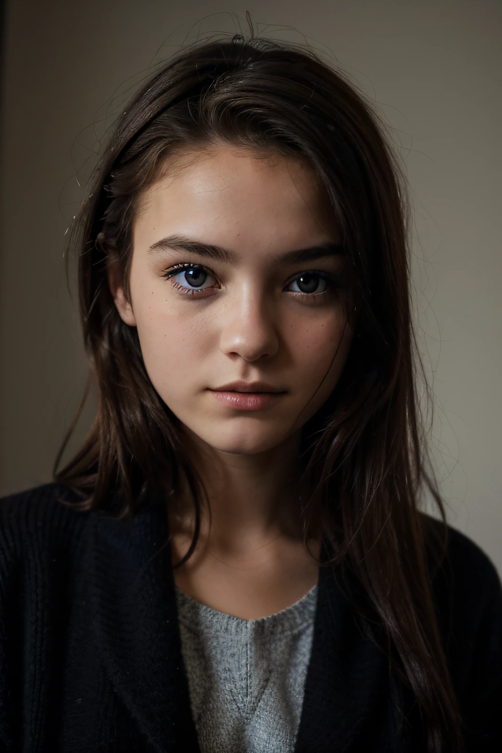 A close up of a young girl with long hair and a black jacket - SeaArt AI
