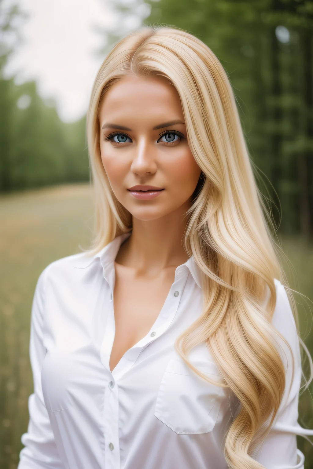 A woman with long blonde hair and blue eyes posing for a picture ...