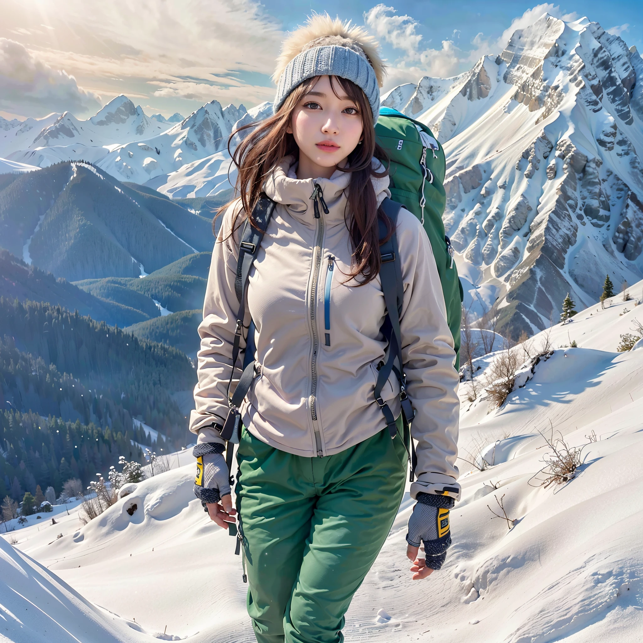 Woman with a backpack on a snowy mountain top - SeaArt AI