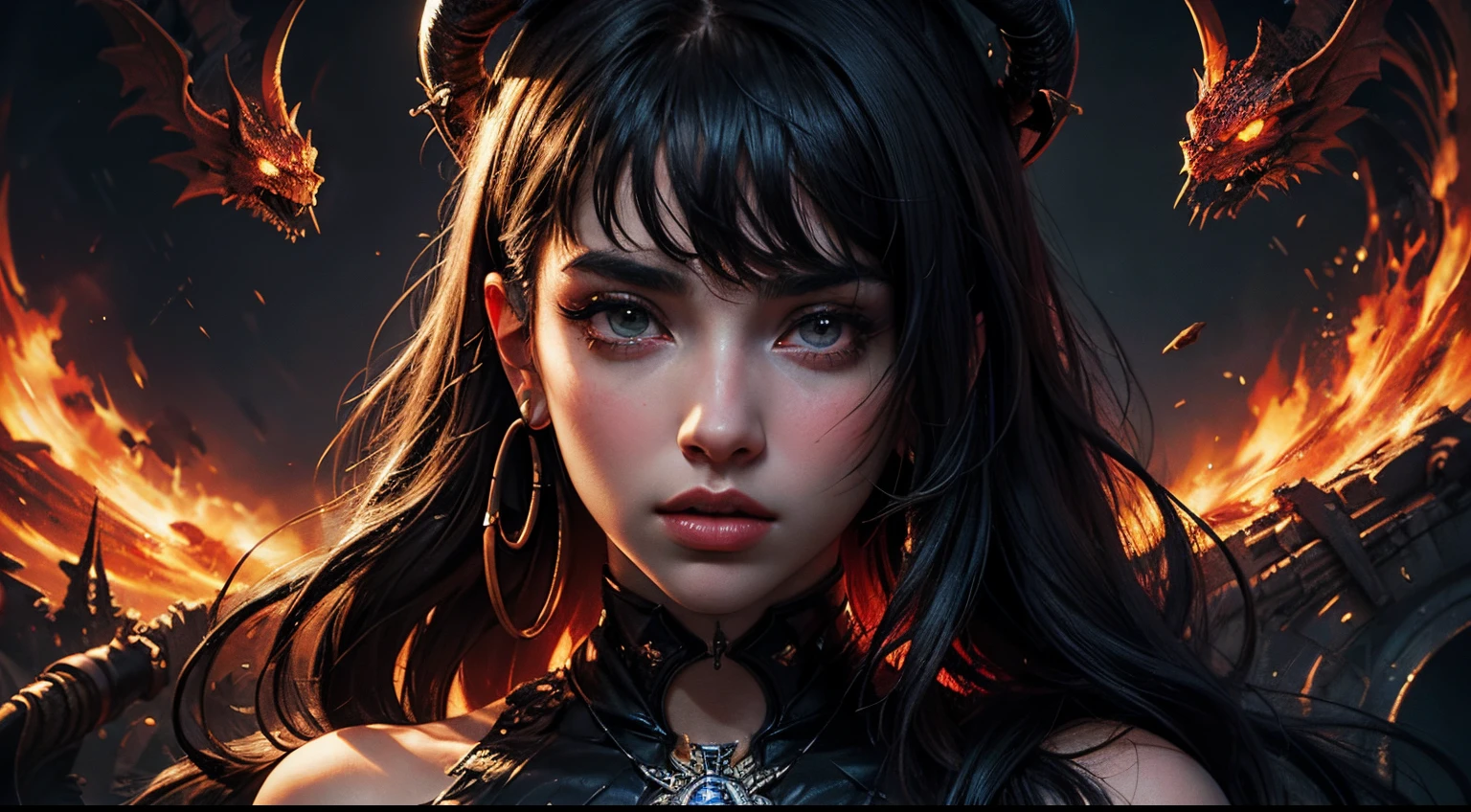 A woman with long black hair and horns in front of a fire - SeaArt AI