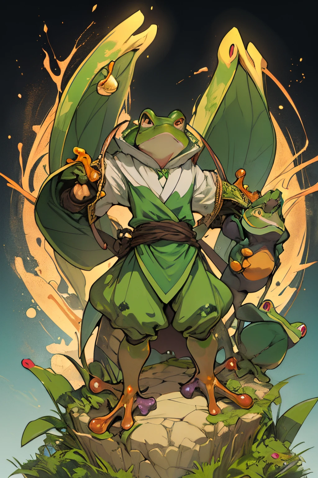 A cartoon frog with a sword and armor standing on a rock - SeaArt AI
