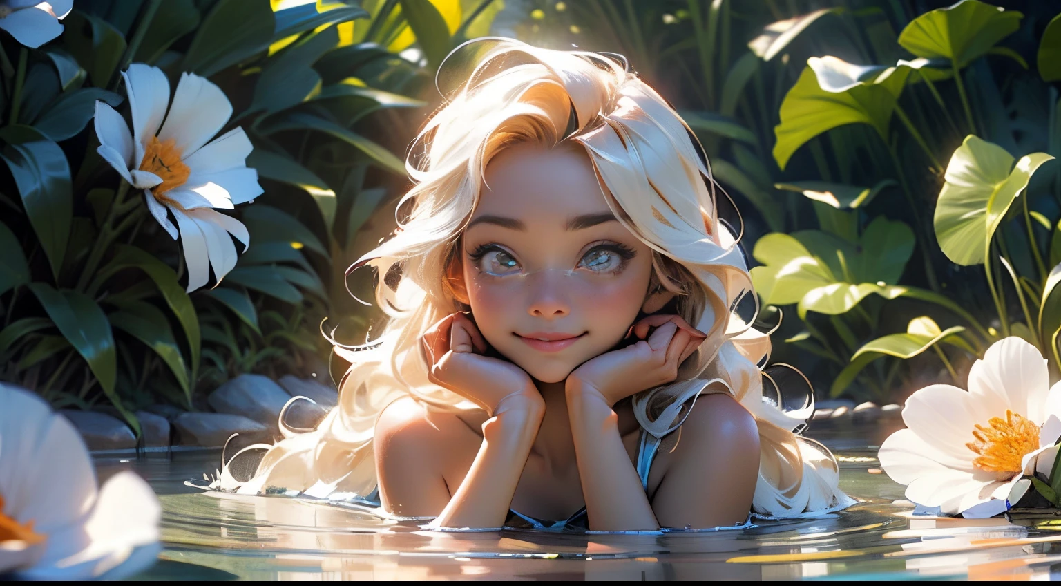 Arafed Image Of A Girl In A Pool Of Water With Flowers Seaart Ai