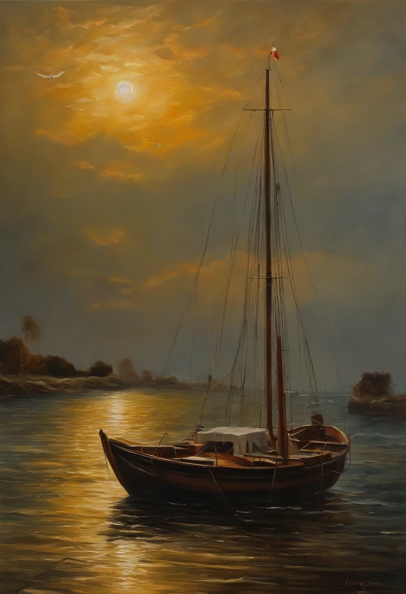Painting of a sailboat in the water at sunset with a full moon - SeaArt AI