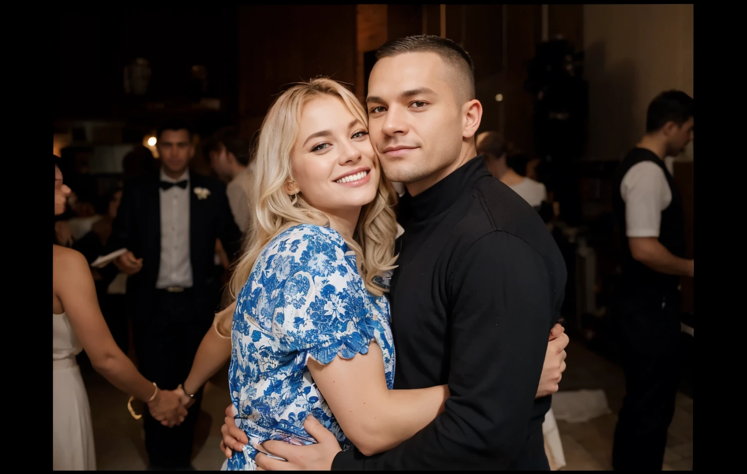 There is a man and woman hugging each other at a party - SeaArt AI