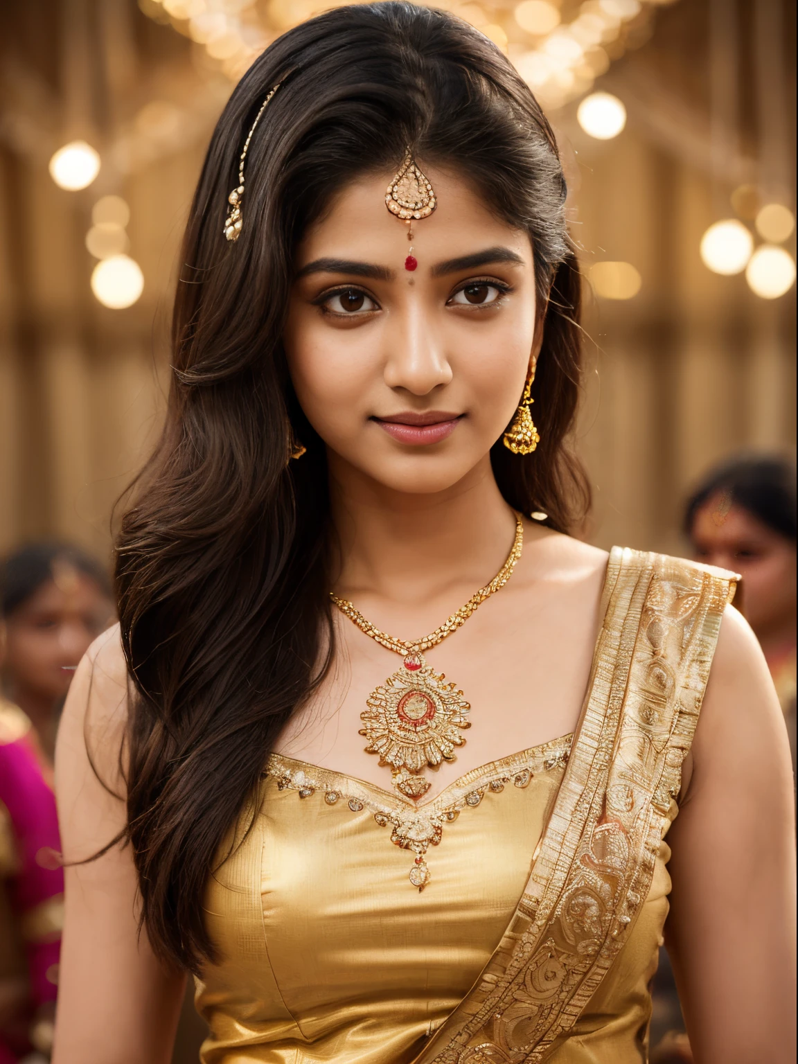 Anusha in a gold sari and gold jewellery - SeaArt AI