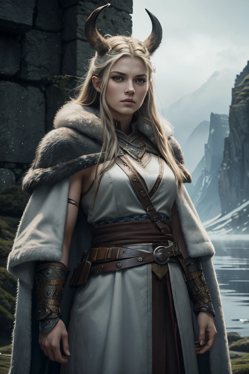A woman in a gray dress and horned horns stands in front of a mountain ...