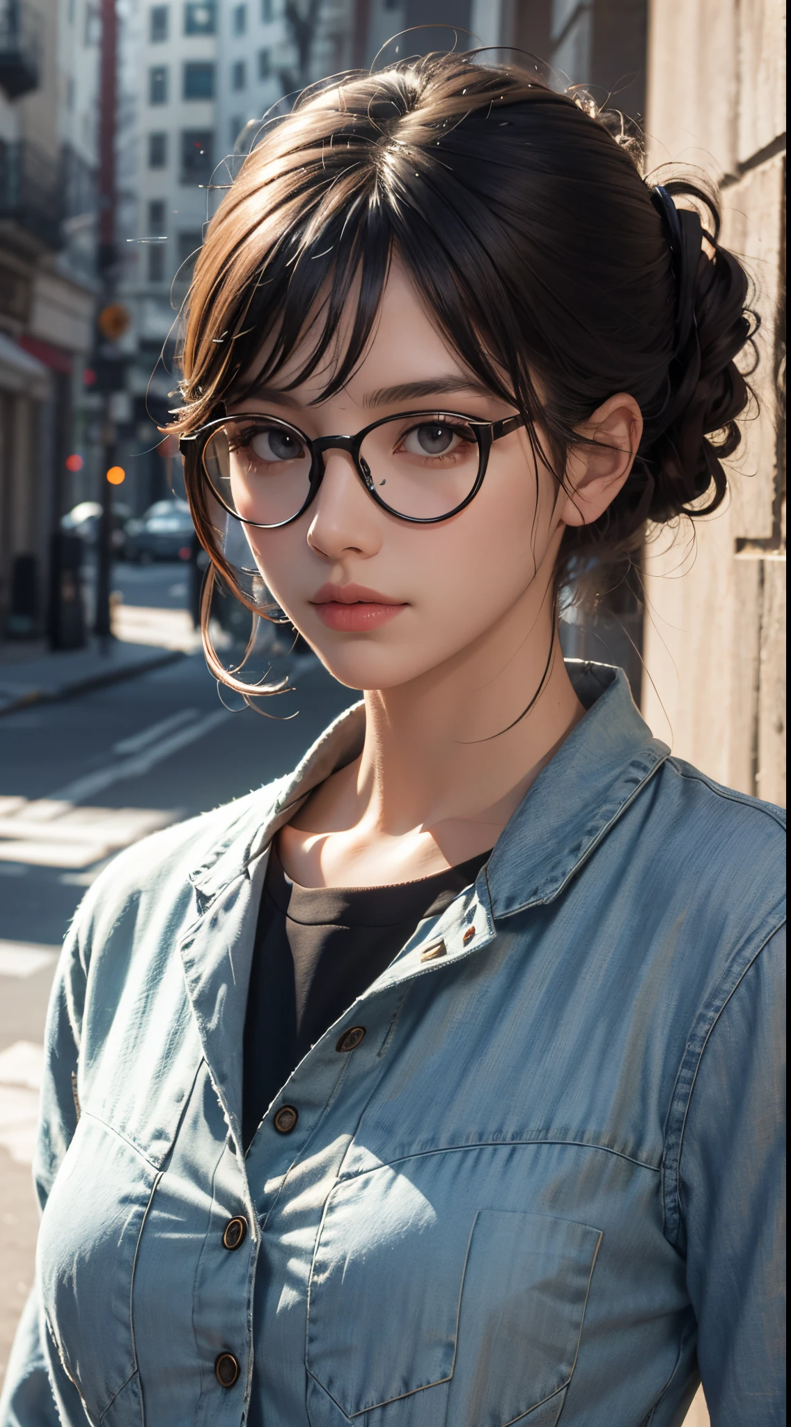 A close up of a woman wearing glasses standing on a street - SeaArt AI