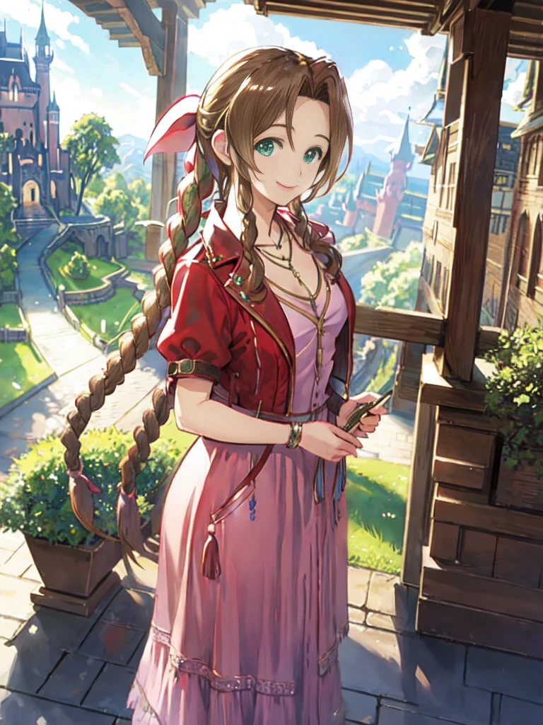 Aerith、castle town、A smile、Turned、Realistic、masutepiece、ultra - SeaArt AI