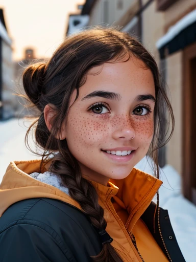 1girl. Tan skin, freckles on nose, freckles on cheeks, dark brown hair ...
