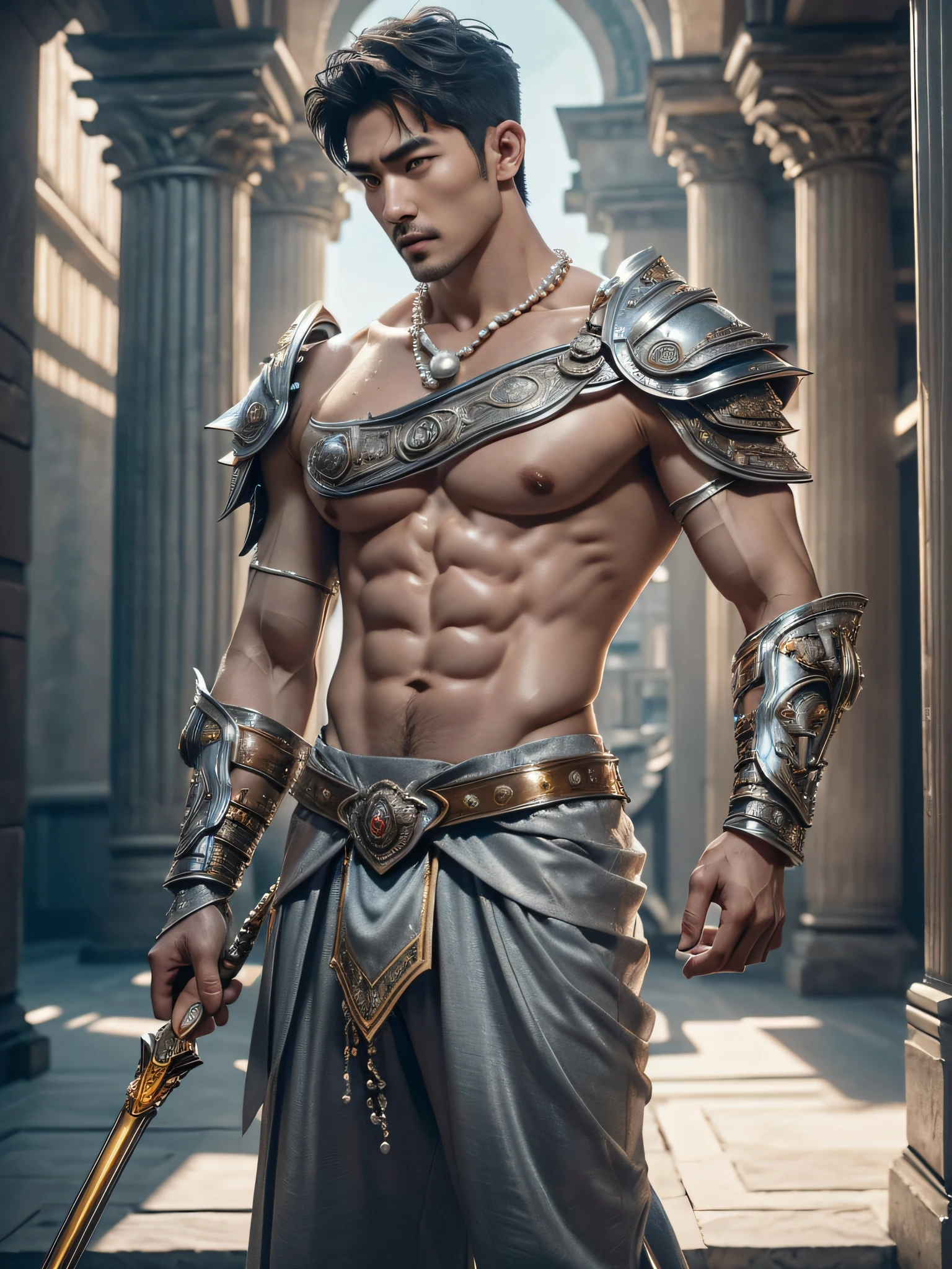 A man in armor holding a sword and standing in a hallway - SeaArt AI