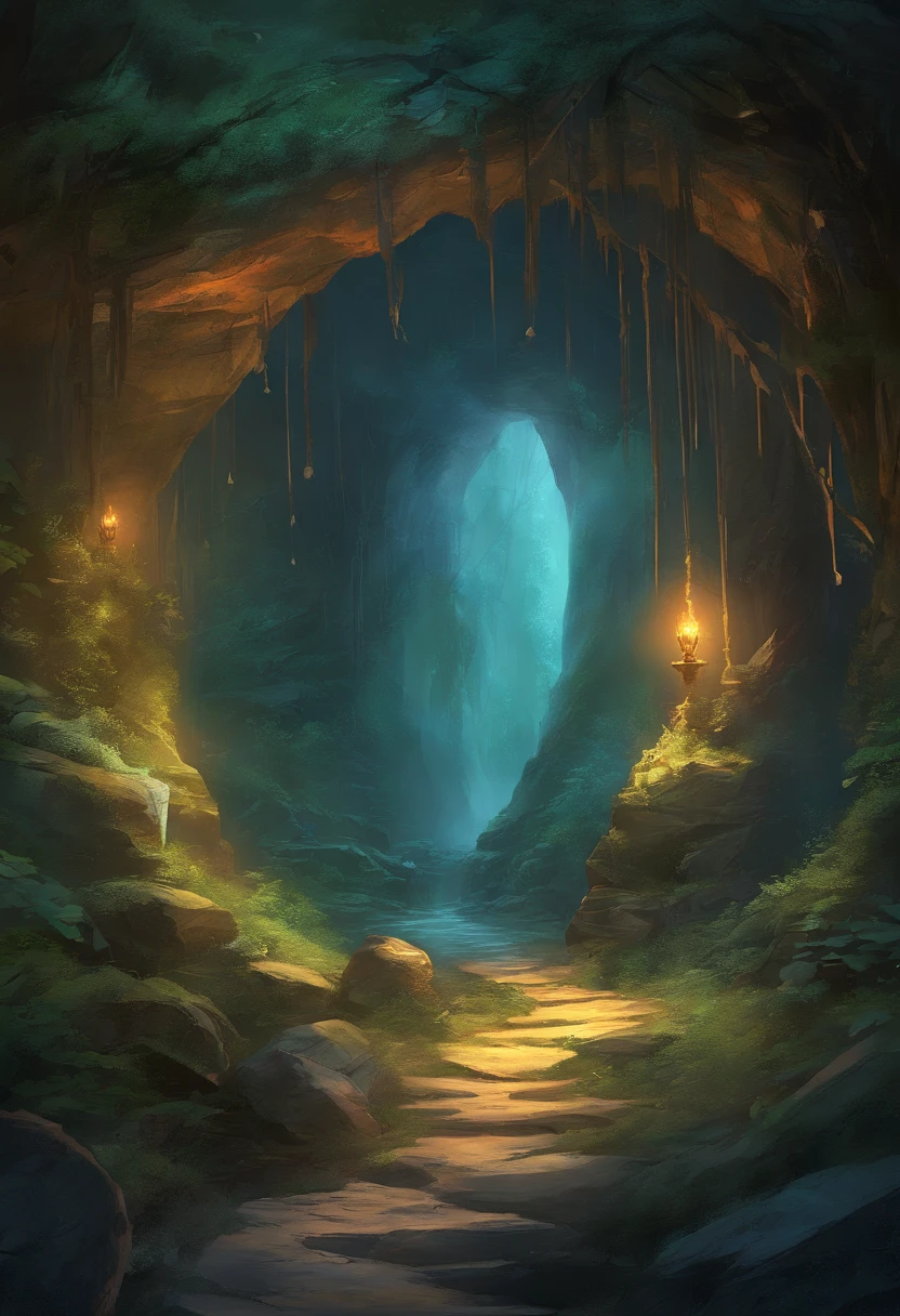 A painting of a cave with a light at the end - SeaArt AI