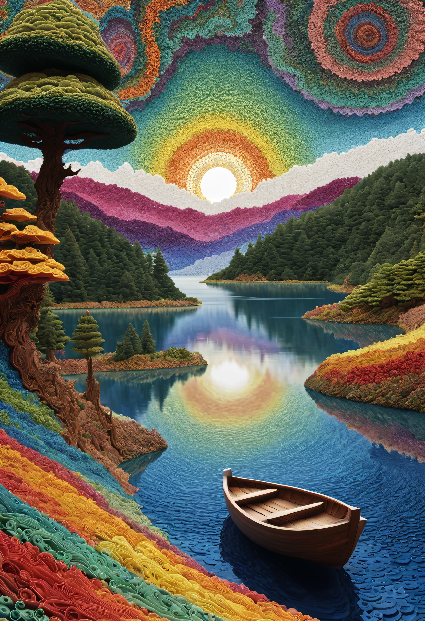 Painting of a boat on a lake with a rainbow - colored sky - SeaArt AI