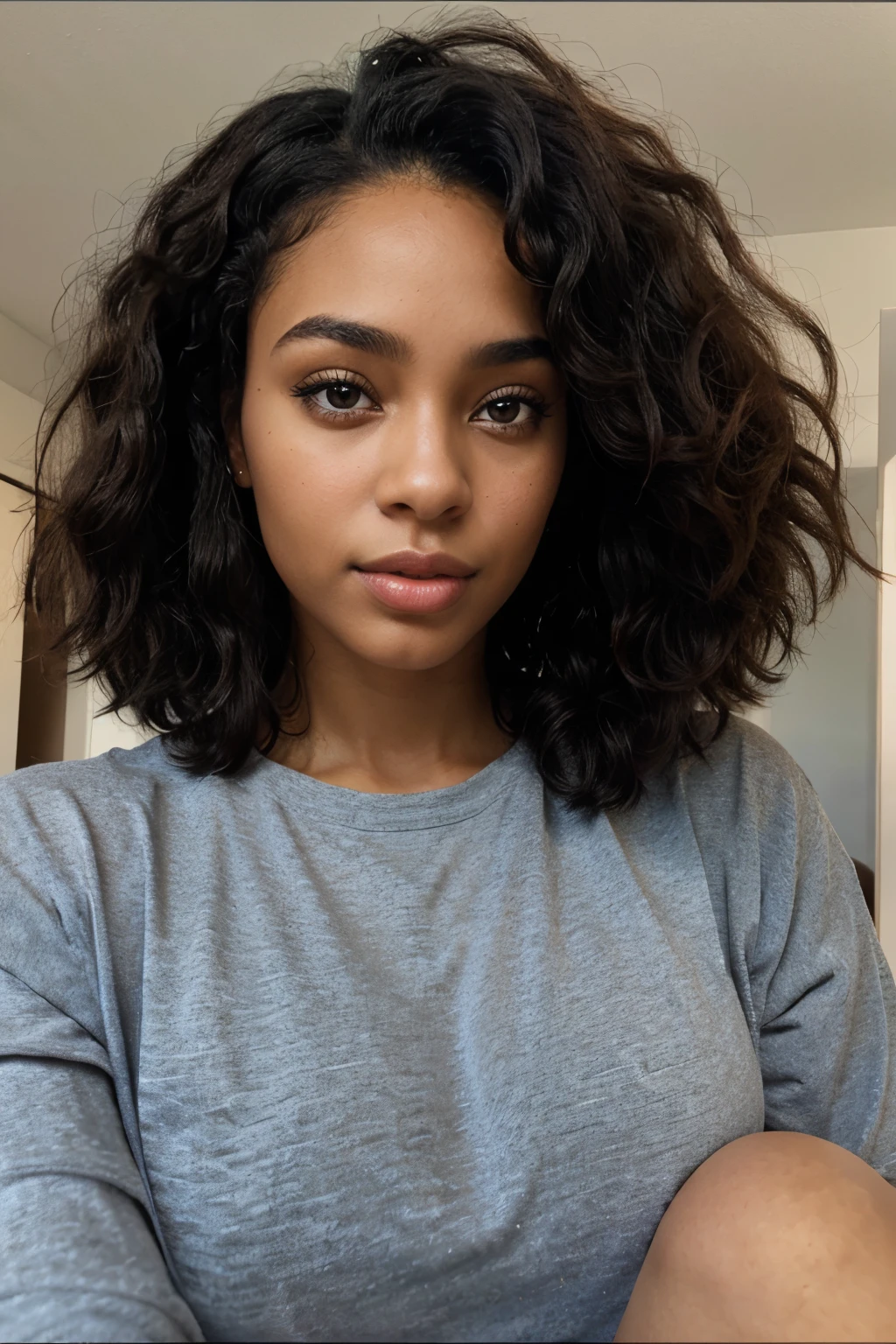 A close up of a woman with a gray shirt and a black hair - SeaArt AI