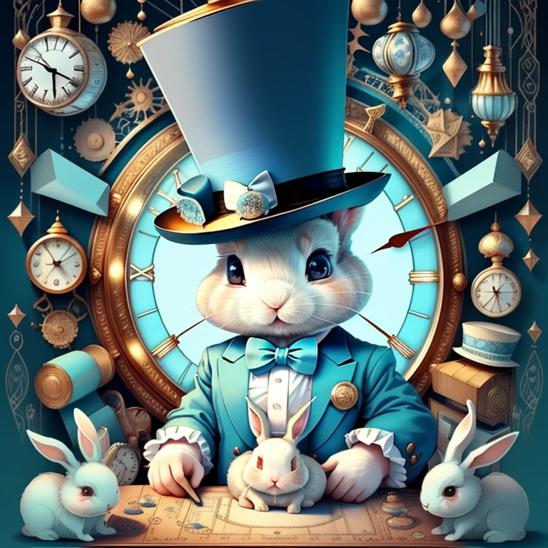 (cute baby rabbit with light blue top hat and lots of clocks - SeaArt AI