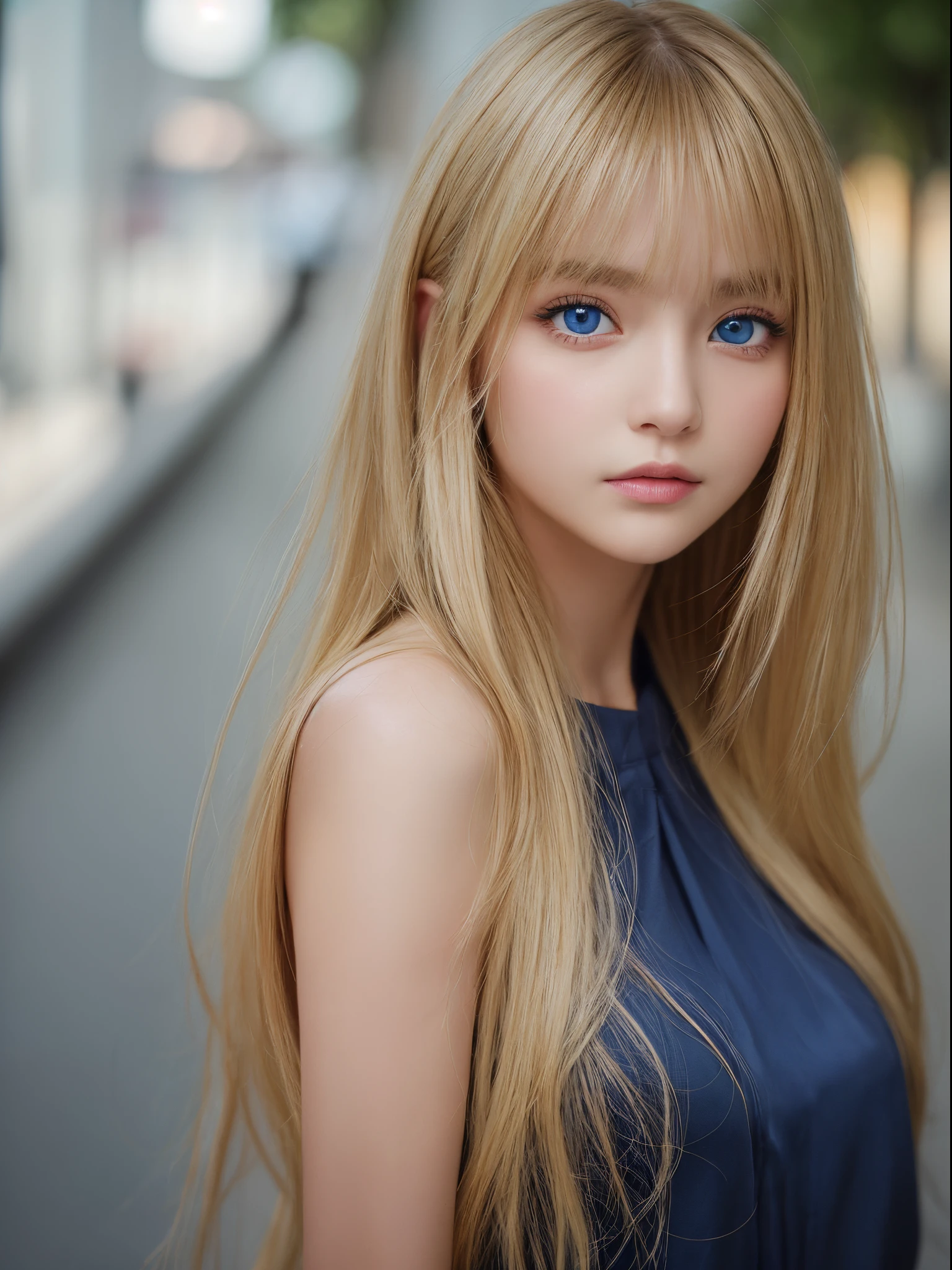 A close up of a woman with long blonde hair and blue eyes - SeaArt AI