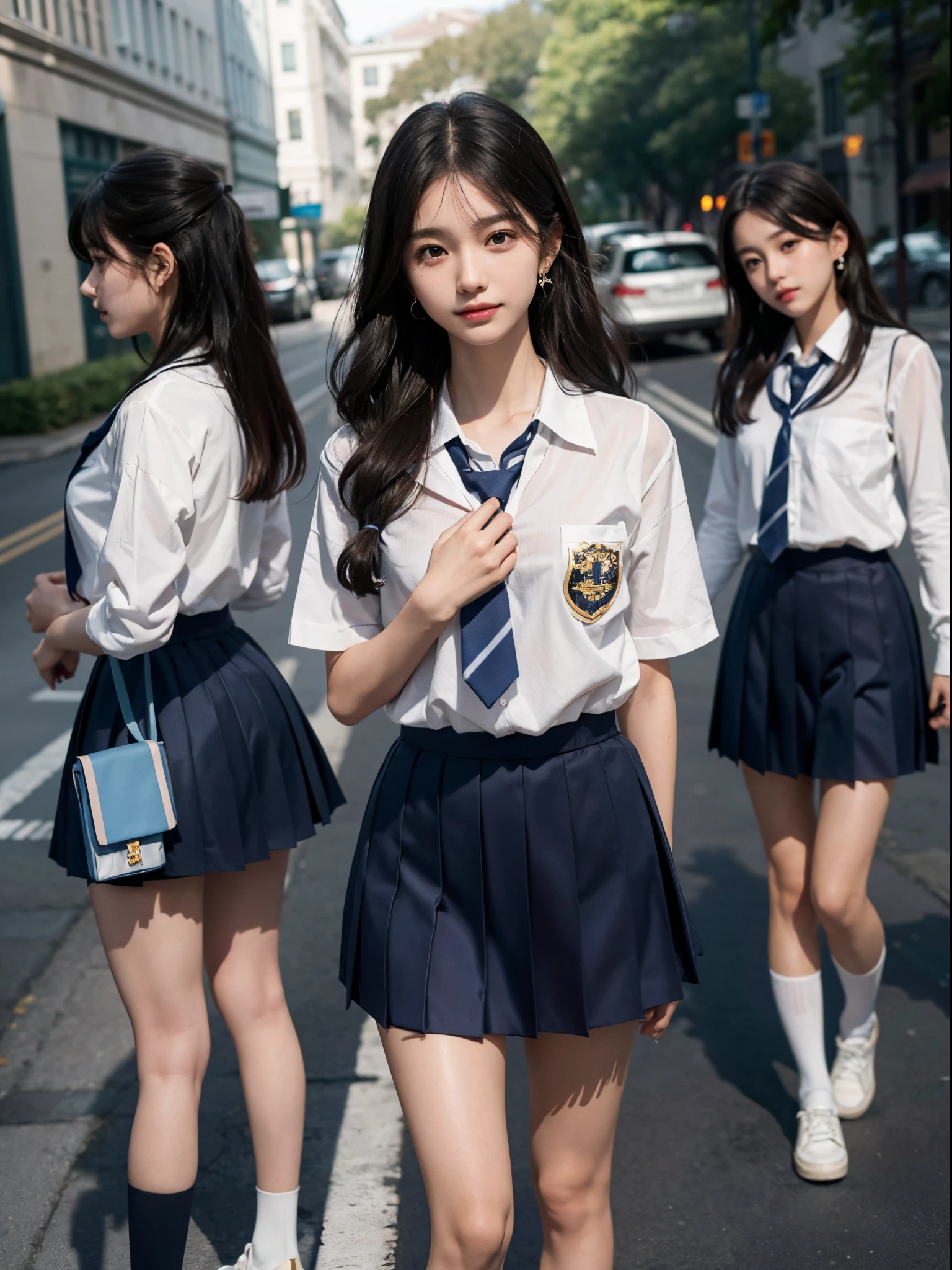 Three girls in school uniforms walking down a street - SeaArt AI