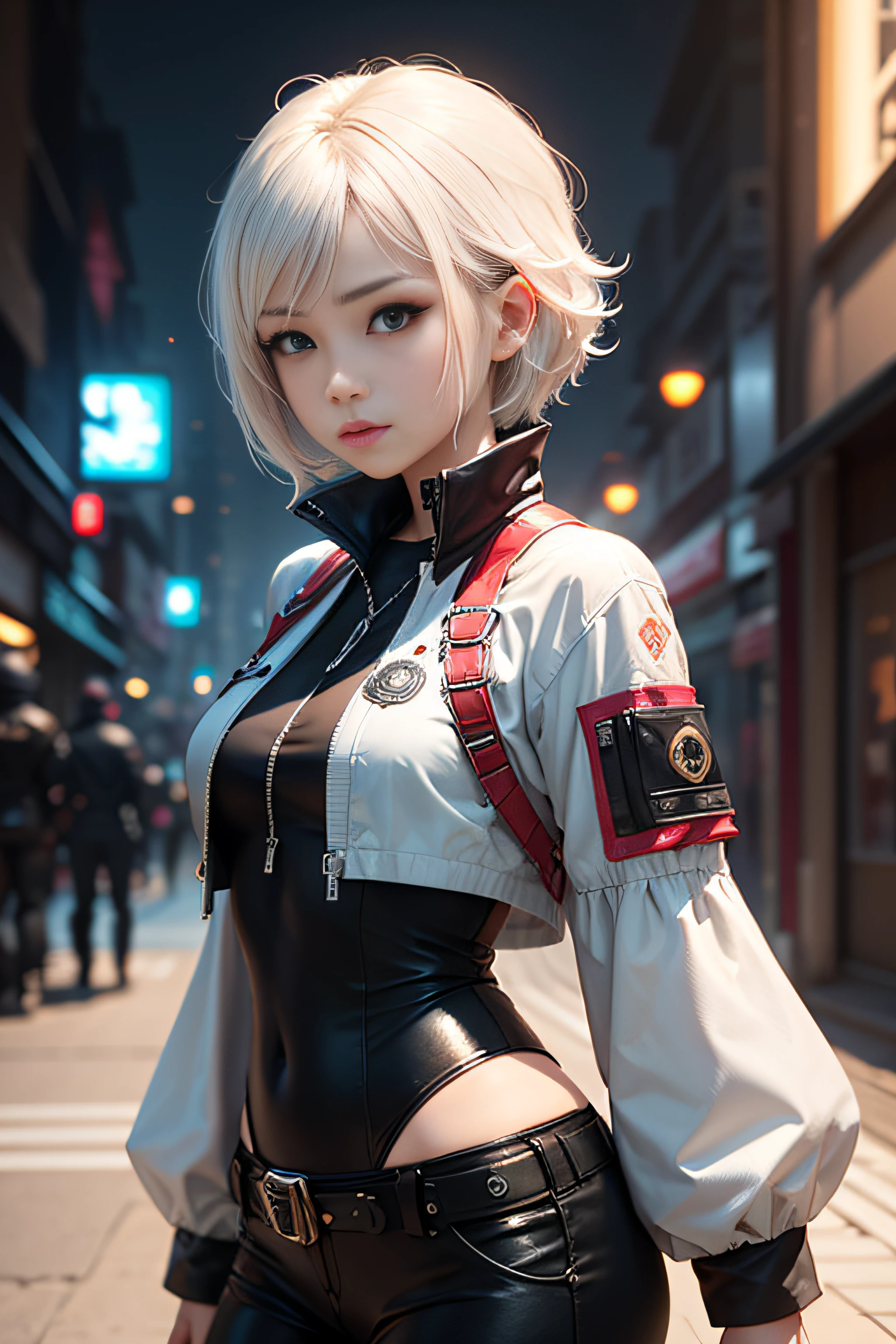 Arafed woman in a black and white outfit standing on a street - SeaArt AI