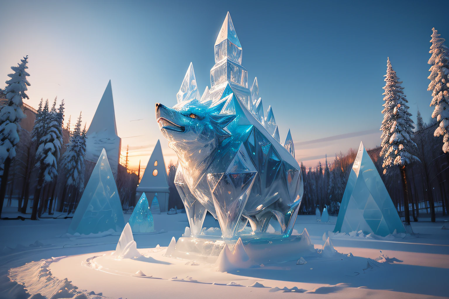 There is a sculpture of a wolf made of ice in the snow - SeaArt AI