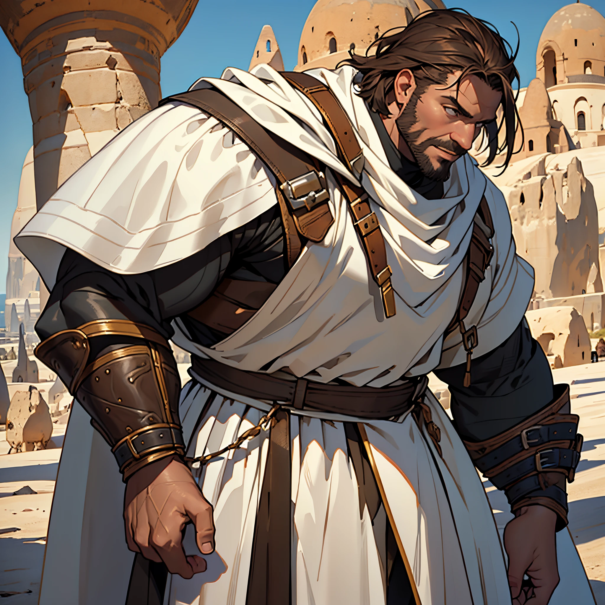 A close up of a man in a white robe and a brown belt - SeaArt AI