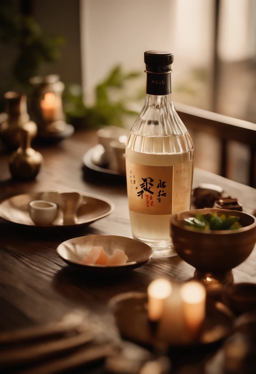 There is a bottle of sake sitting on a table with a bowl of food ...