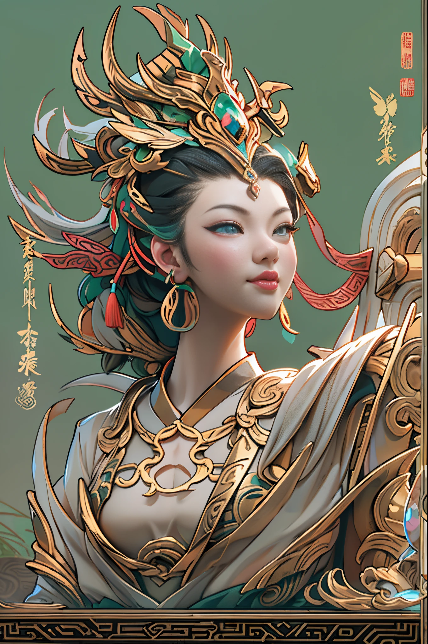 A close up of a woman with a dragon headdress and a dragon on her head ...