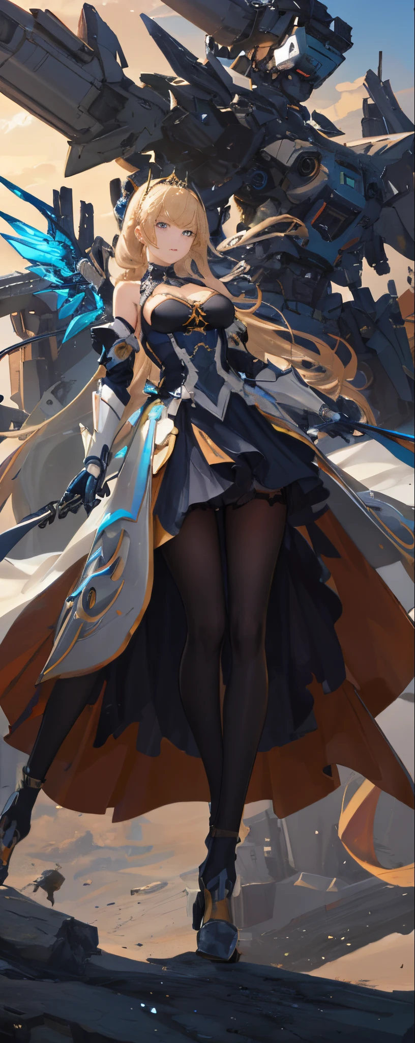 A woman in a long dress standing in front of a giant robot - SeaArt AI