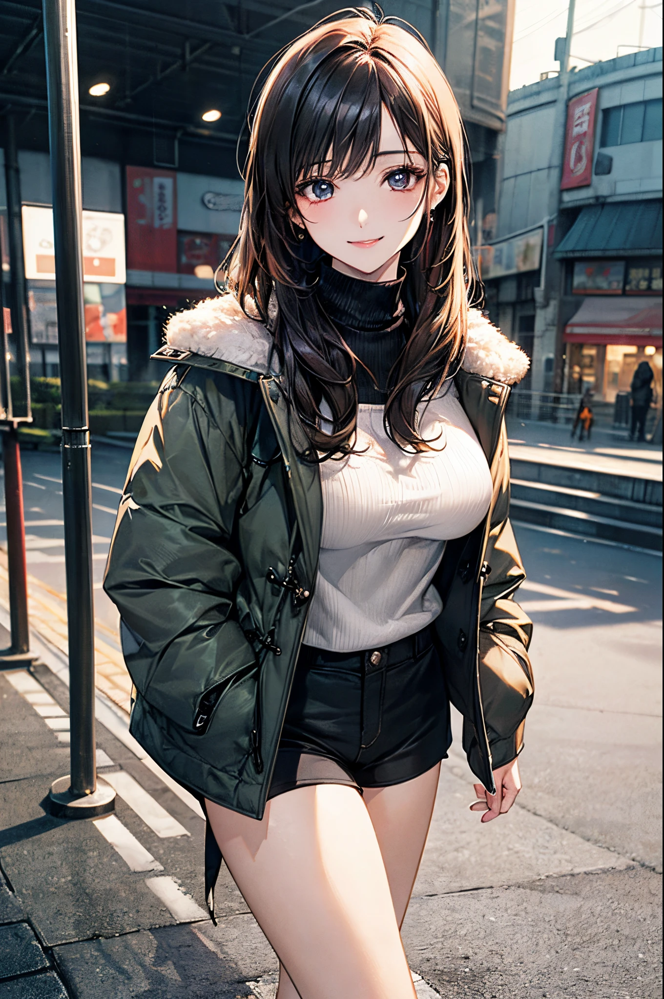 Anime girl in short shorts and jacket posing on the street - SeaArt AI