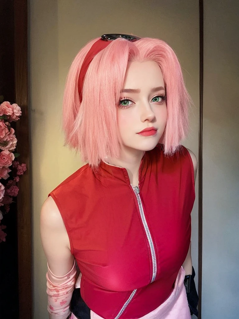 Young woman, porcelain skin, long bubblegum pink hair, big pink lips ...