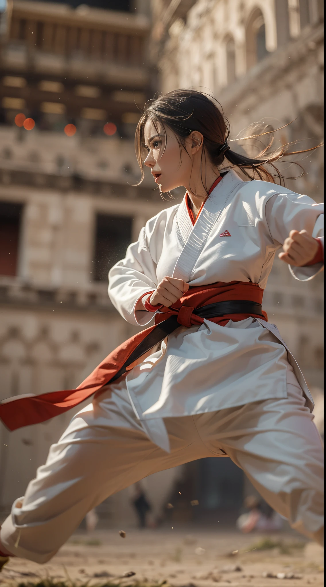 Arafed woman in white and red karate outfit in front of a building ...