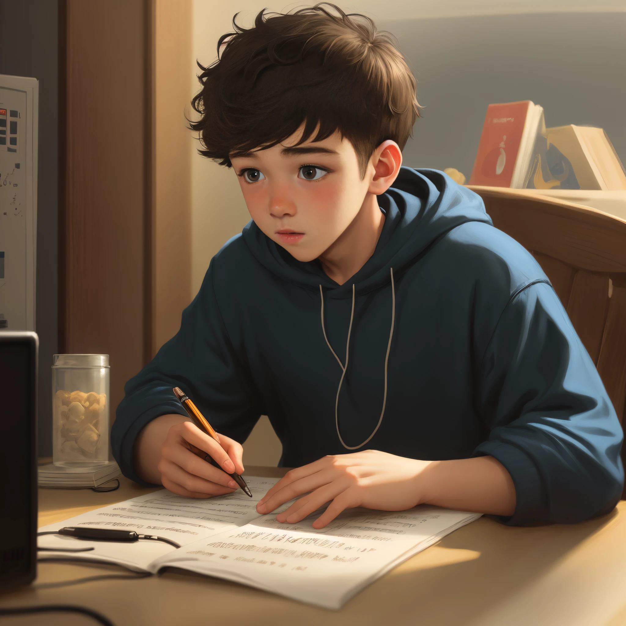 There is a young boy sitting at a desk with a laptop and a pen - SeaArt AI