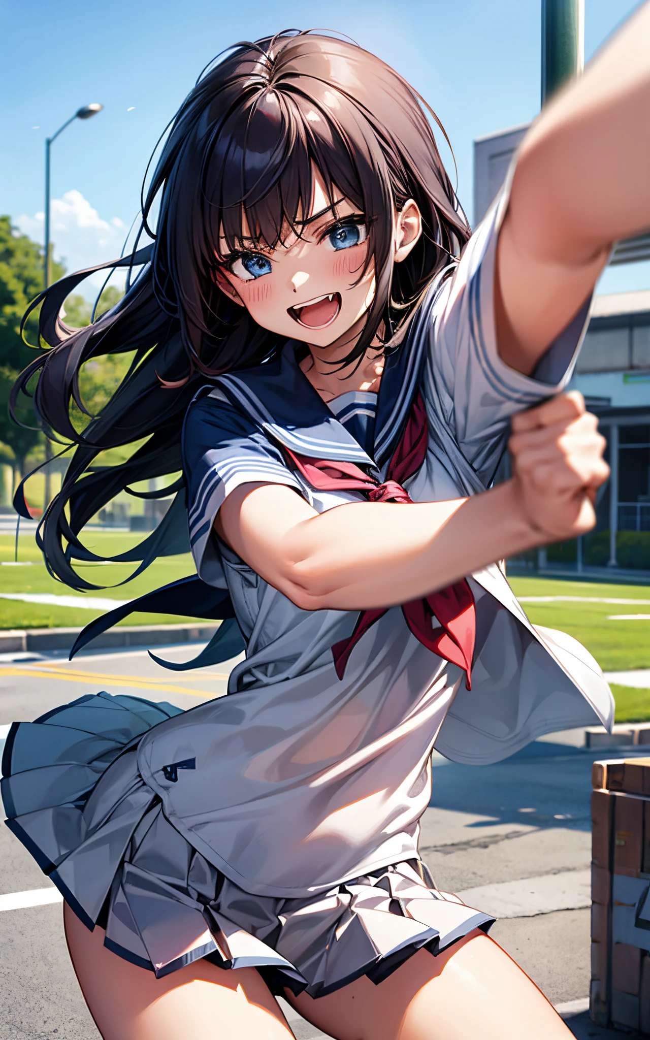 Anime girl in a short skirt holding a baseball bat on a street - SeaArt AI