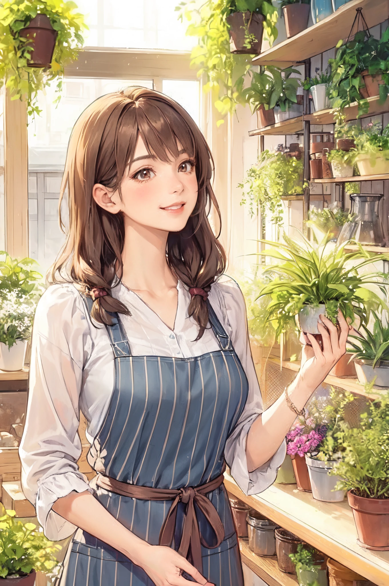 Anime girl in a flower shop holding a potted plant - SeaArt AI