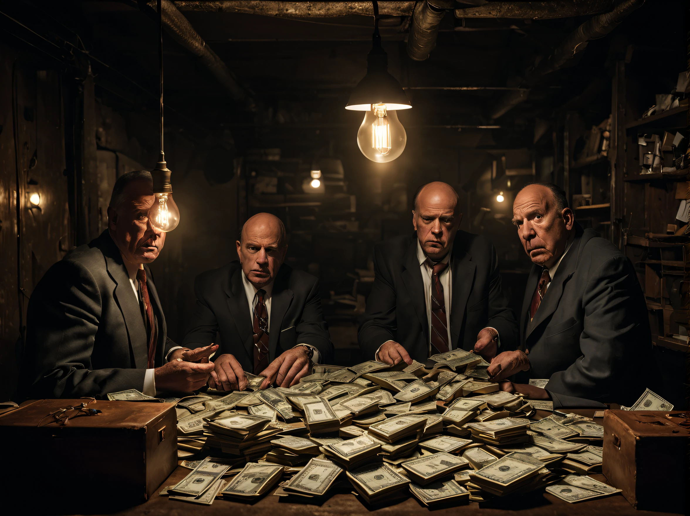 Three men in suits sitting at a table with stacks of money - SeaArt AI