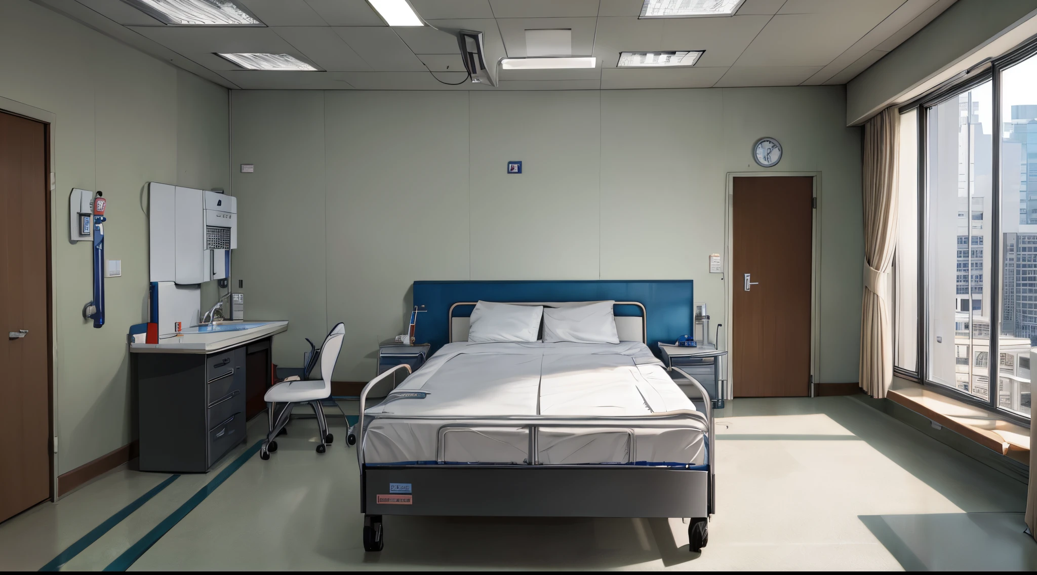 There is a hospital room with a bed and a desk - SeaArt AI