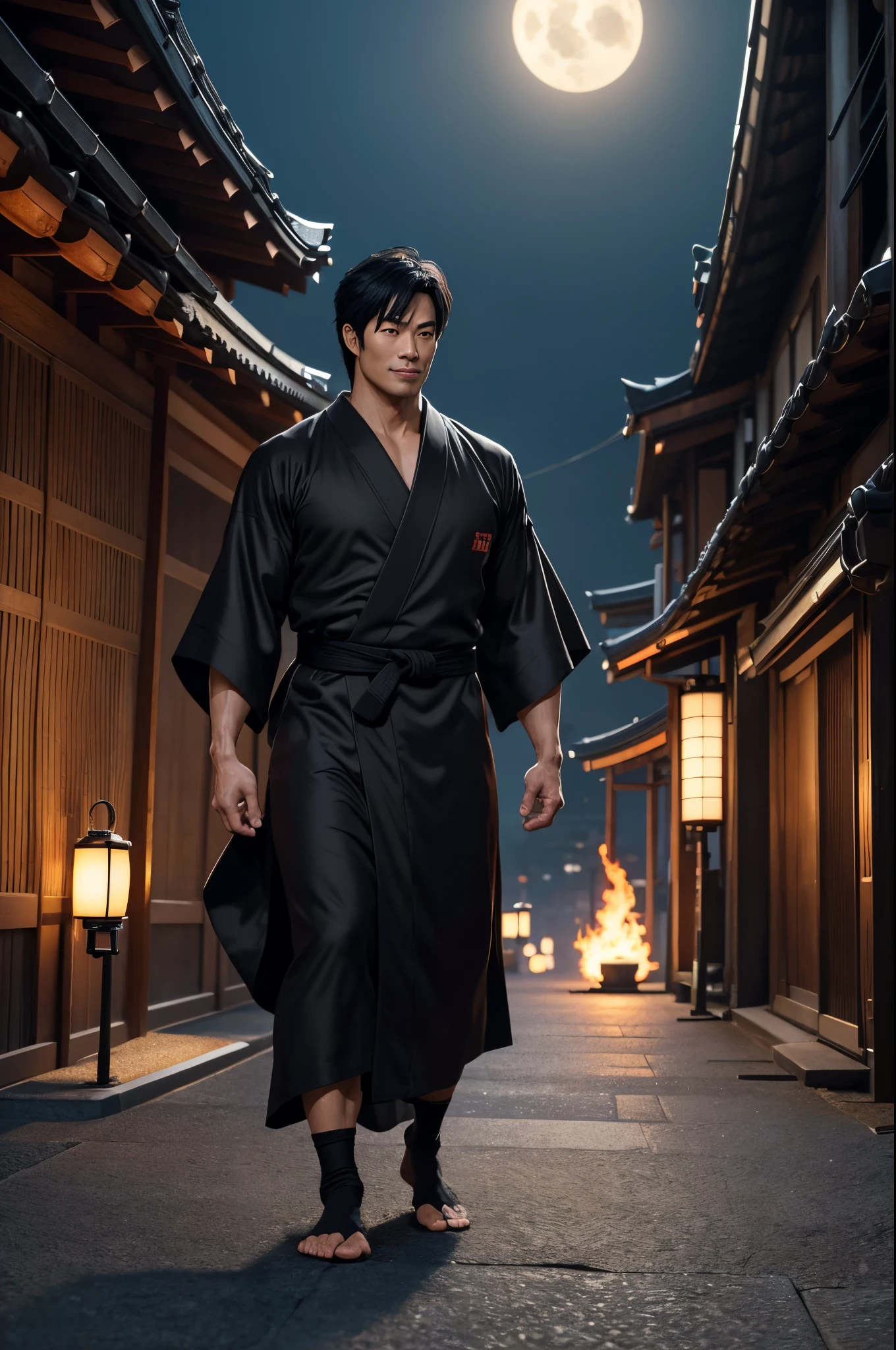 A man in a kimono walking down a street at night - SeaArt AI