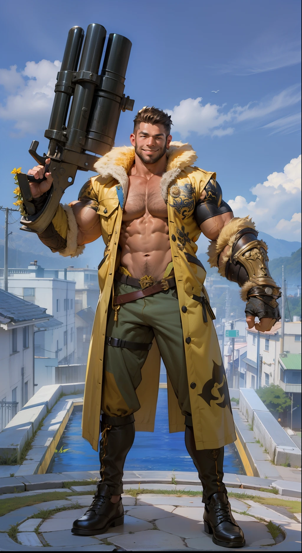 A man in a trench coat holding a gun and a gun - SeaArt AI