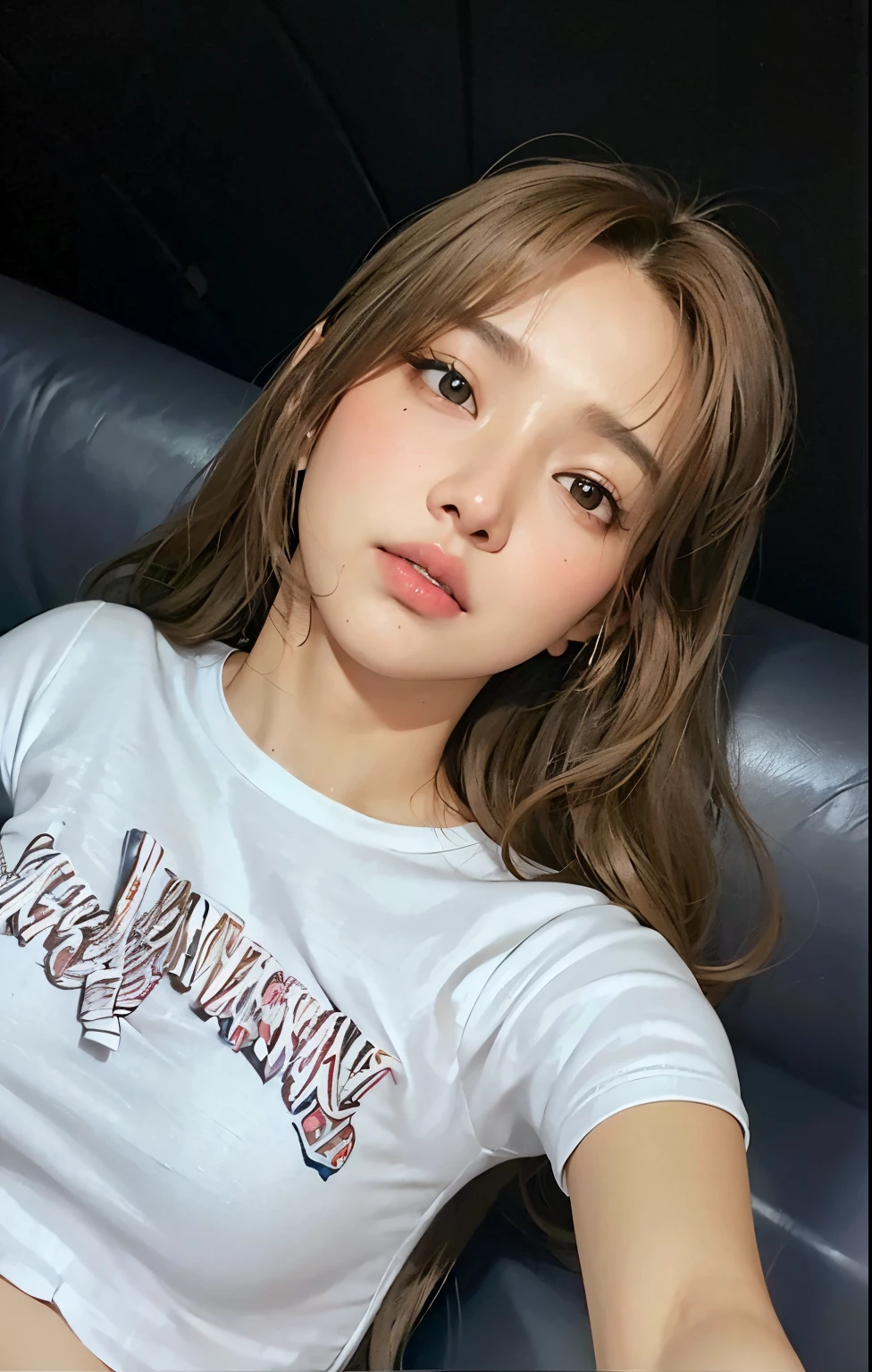 A close up of a woman sitting on a couch wearing a white shirt - SeaArt AI