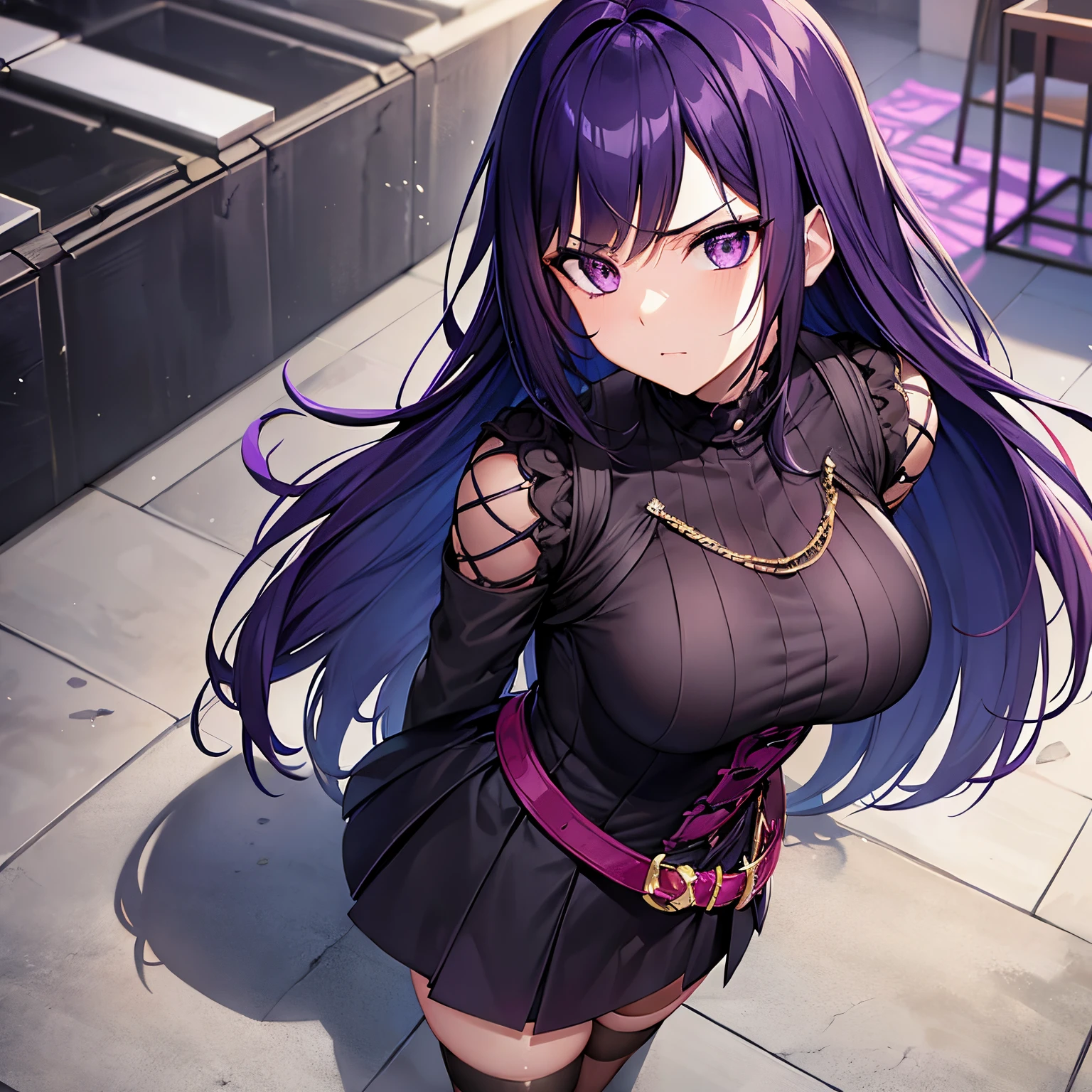 Anime girl with purple hair and black dress posing for camera - SeaArt AI