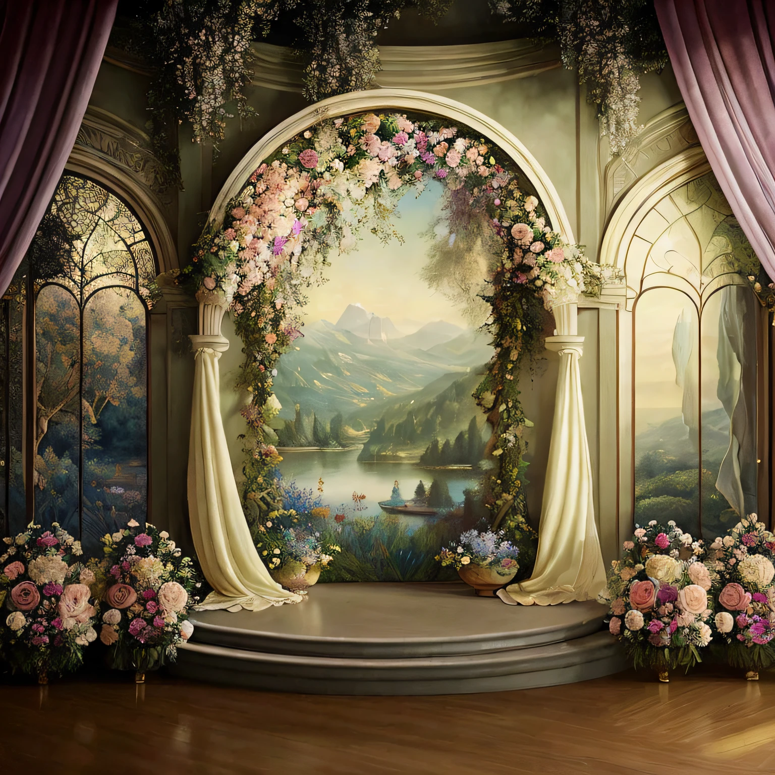 A close up of a stage with flowers and a painting - SeaArt AI