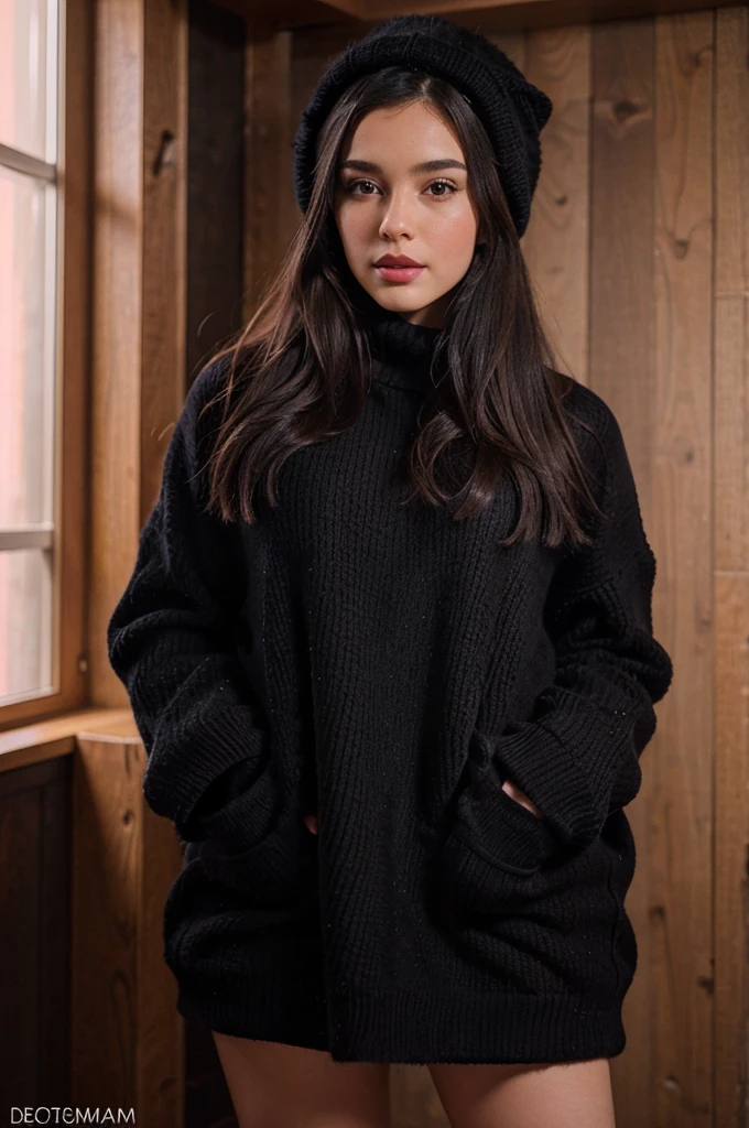 A canadian instagram model, wearing black cozy winter outfit - SeaArt AI